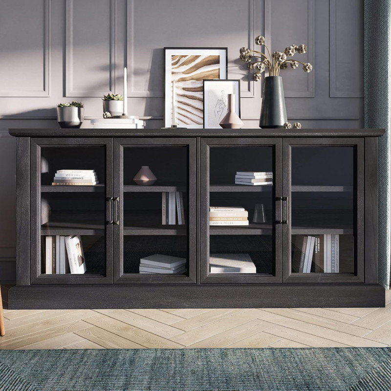 70 inch Sideboard Buffet Cabinet Entertainment Center with Storage Glass Display Cabinet with Adjustable Shelves Gracie Oaks Color Rustic Gray
